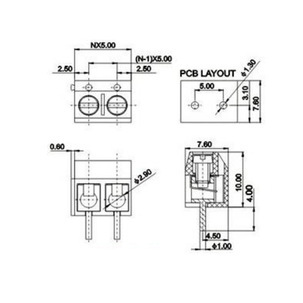 100 pièces KF301-2P connecteur à bornes à vis à 2 broches, entraxe de 5 ...