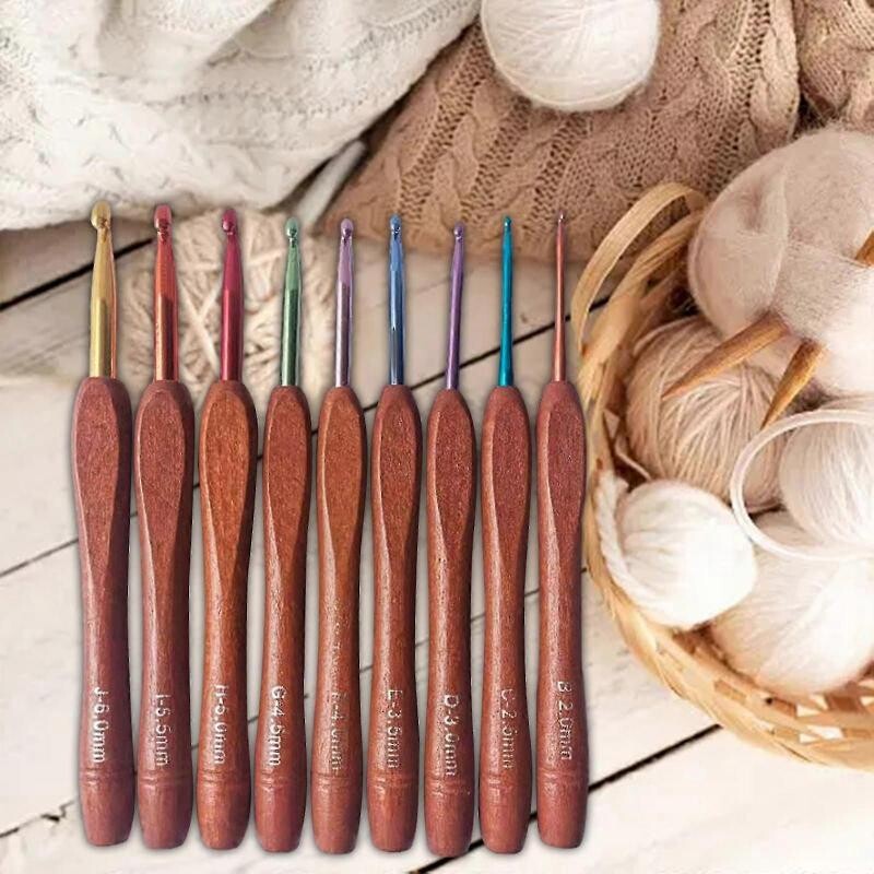 9x Crochet Hooks Set Crochet Pins Diy with Wooden Handle 9 Sizes Crafts ...
