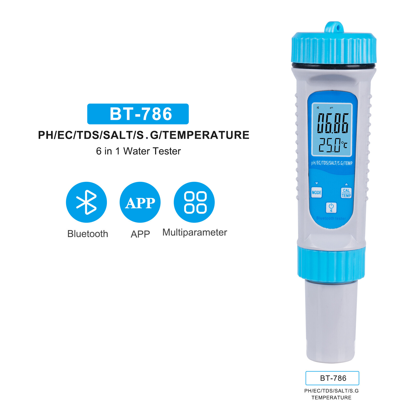 Smart BT 6-in-1 Wasser Tester: pH, EC, TDS, Salz, S.G., Temperatur ...