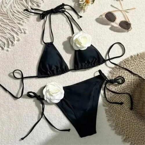 (SZBS013-Black, S) Sexy Flower Bandeau Swimwear Thong Bikini 2025 Women ...