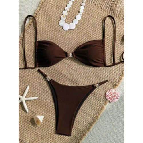 (Chocolate, S) Sexy Triangle Mini Bikini Set Micro Thongs Solid ...