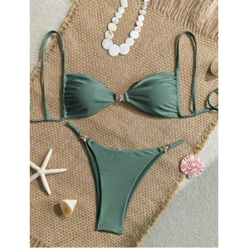 (Dark Green, S) Sexy Triangle Mini Bikini Set Micro Thongs Solid ...