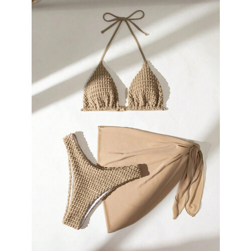 (Light Grey, M) Sexy Brown Bikini Set 2024 Women Halter Push Up Bra ...