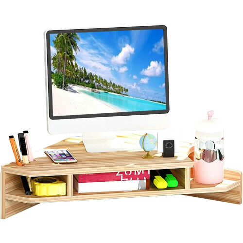 Wooden Triangular Corner Monitor Stand with 2 Levels of Storage ...