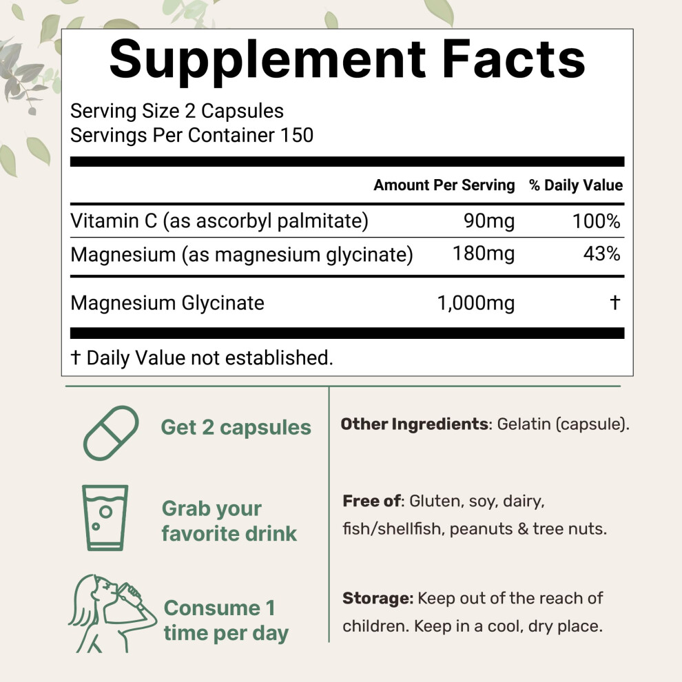 Reines Magnesiumglycinat 1.000mg pro Portion, 300 Kapseln | Mit Vitamin ...