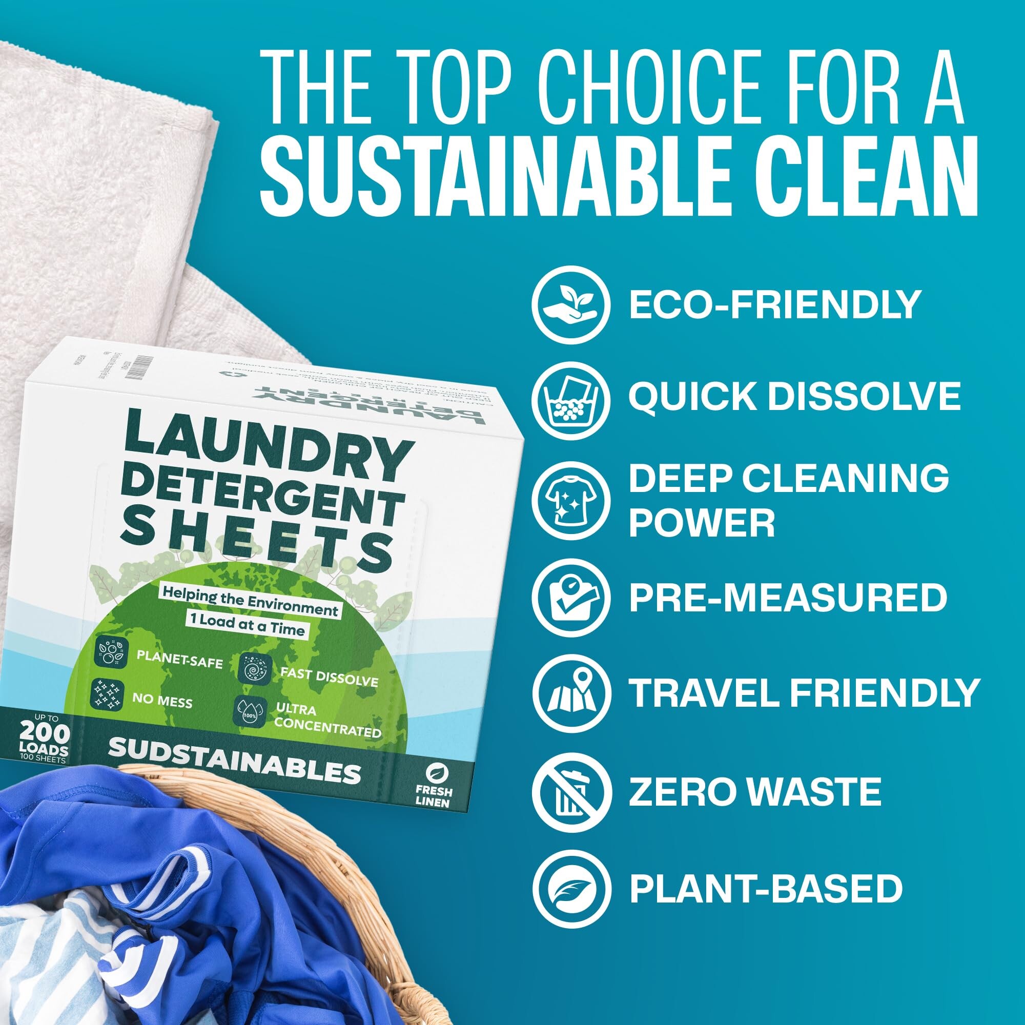 Sudstainables Laundry Detergent Sheets (200 Loads) - Eco-Friendly Zero ...