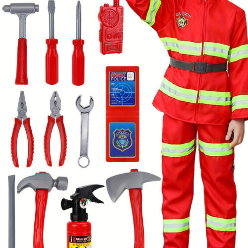 (Red, 4-5Y) Fire Chief Role Play Costume Cosplay Set Pretend Fire ...