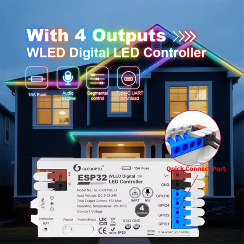 Controlador ESP32 WLED con 4 salidas, fusible, micrófono y luces naranjas on OnBuy