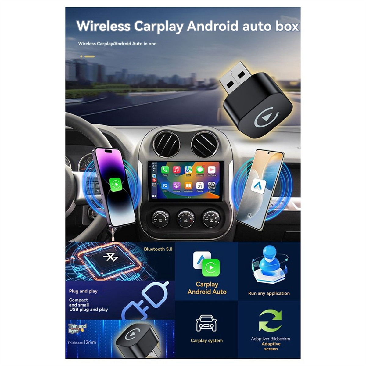 2in1 Wireless Carplay Mini AI Box Android Auto Plug and Play USB Auto D ...
