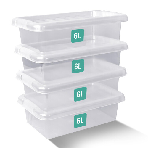 Klass Home Collection 4 x 6 Litre Plastic Storage Boxes With Lids Set ...