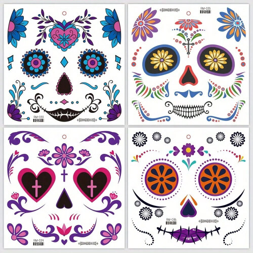 (4 Sheets-C) Halloween Temporary Tattoos Sticker Day Of The Dead La ...