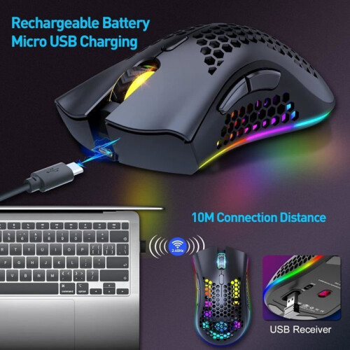 ROYAL KLUDGE BM600 Honeycomb Wireless Gaming Mouse, RGB Optical - Black ...