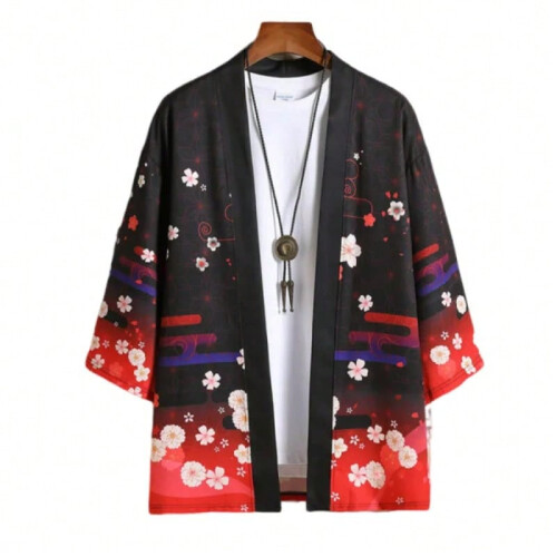 (002, M) Mens Gradient Asian Traditional Haori Kimono Fox Mask Pink ...