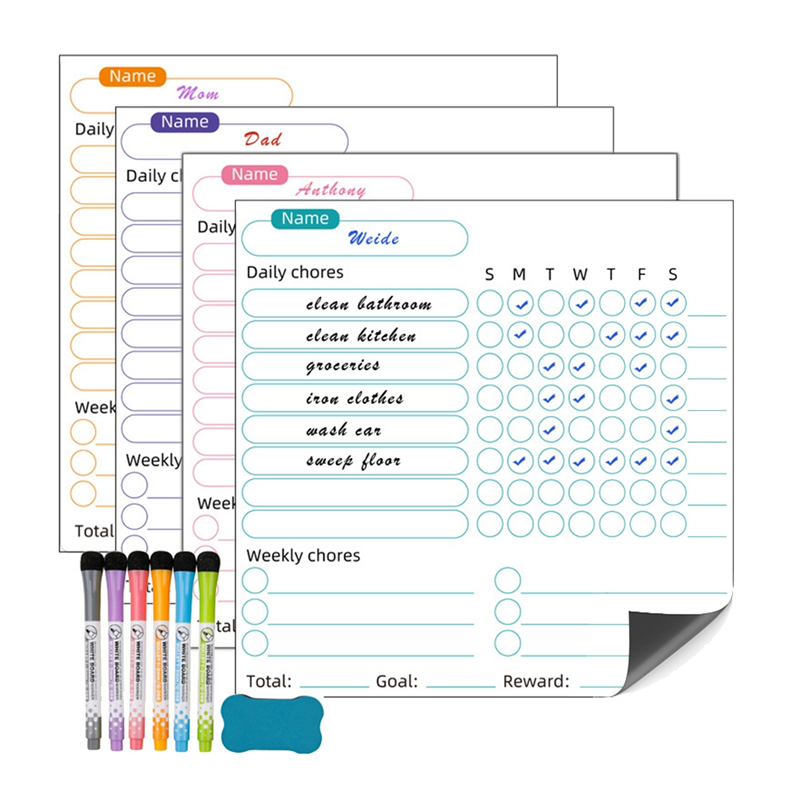 Dry Erase Chore Chart for Kids- 4 Pcs Behavior Charts and 6 Colored Markers with Eraser, Reward ...