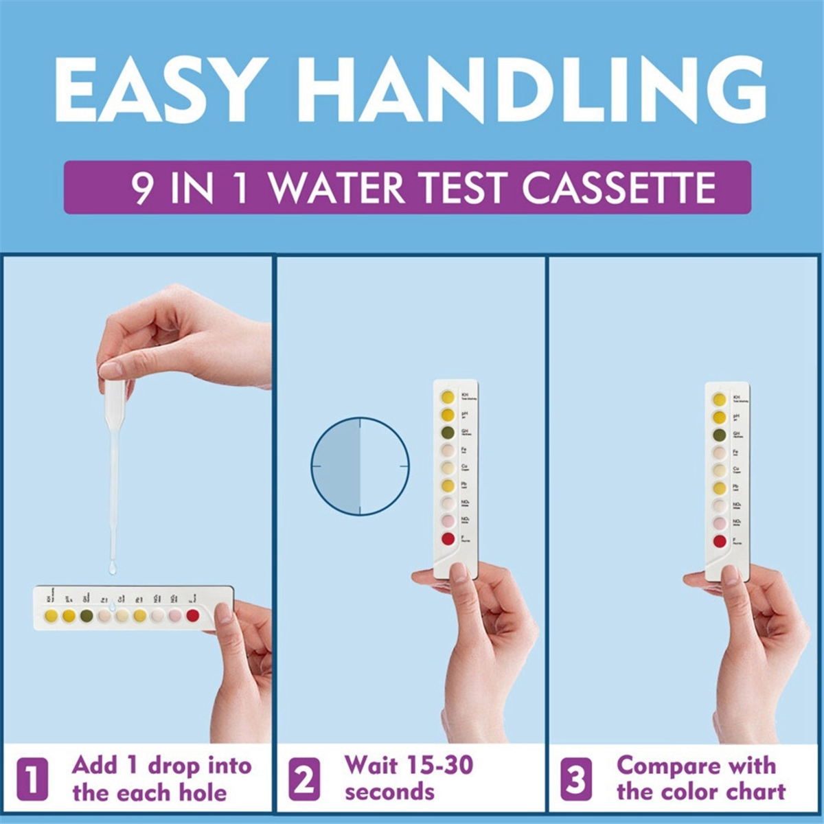 Kit de test d'eau potable 9 en 1 PH//GH/Fe/Cu/Pb/NO3/NO2/F Test ...