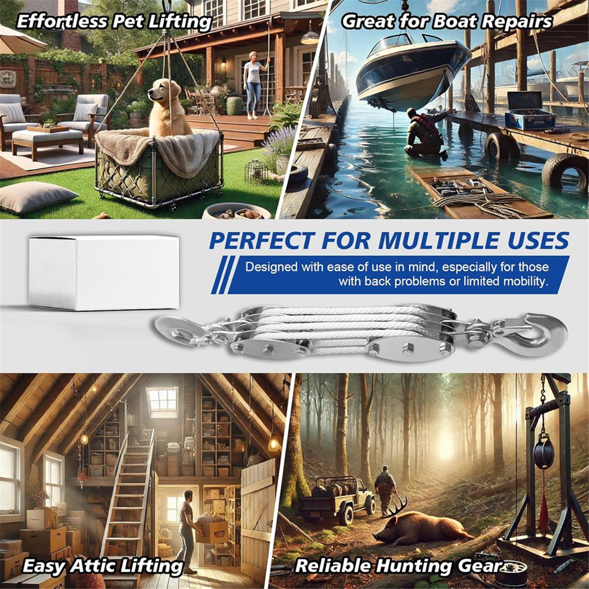 Block and Tackle Pulley System, 4-Wheel Rope Pulley Hoist White on OnBuy