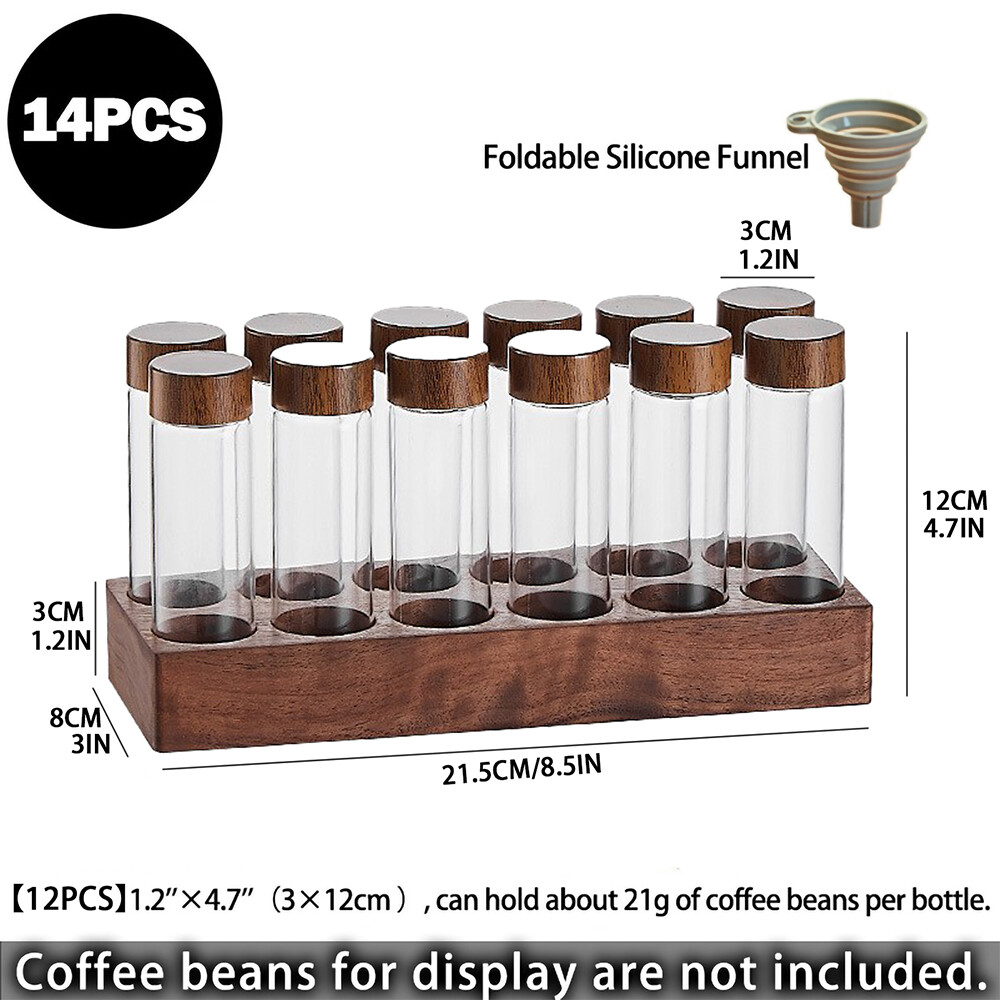 Single Dose Coffee Bean Storage Set with Walnut Stand 12x 2oz Tubes and ...