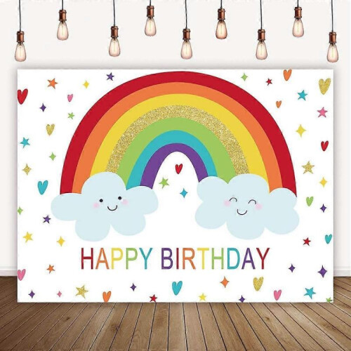 Rainbow Happy Birthday Backdrop White Clouds Stars Baby Girls Boys ...