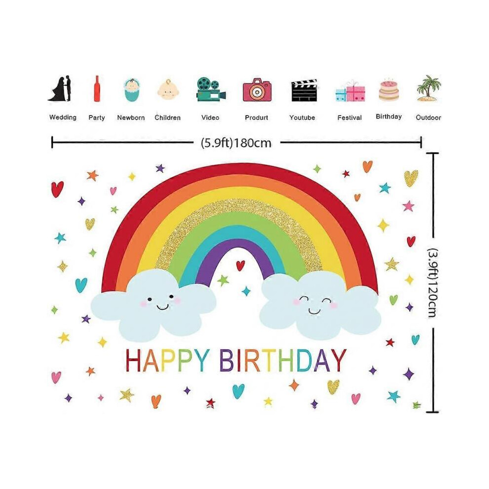 Rainbow Happy Birthday Backdrop White Clouds Stars Baby Girls Boys ...