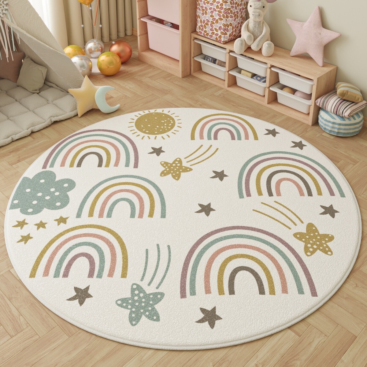 (Cute Rainbow 2, Diameter: 120cm) Round cartoon animal carpet, bedroom ...