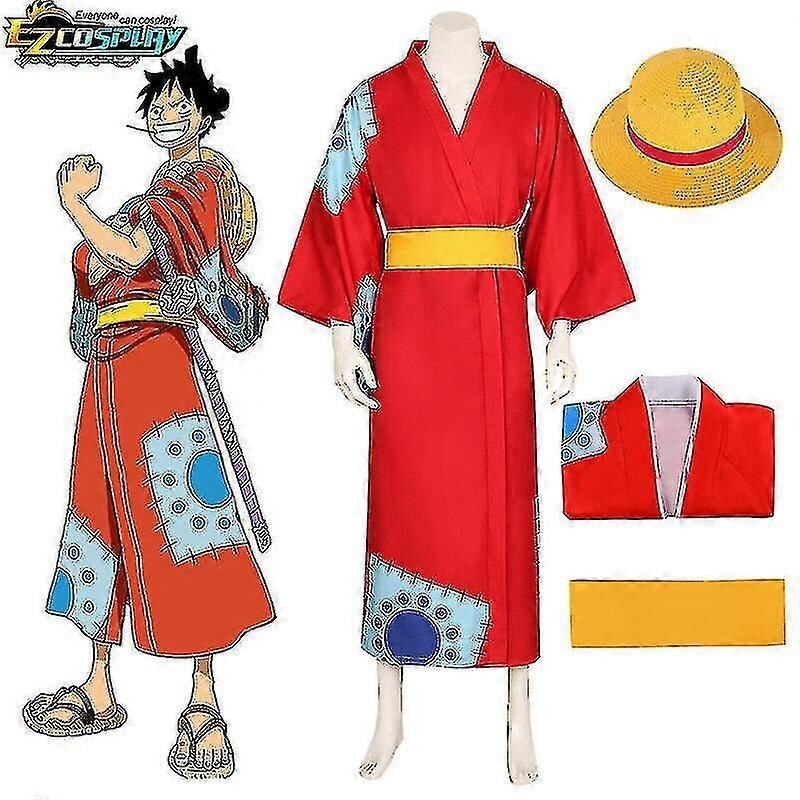 (XL,costume and hat)Anime Luffy Cosplay Costume Wano Country Monkey D ...