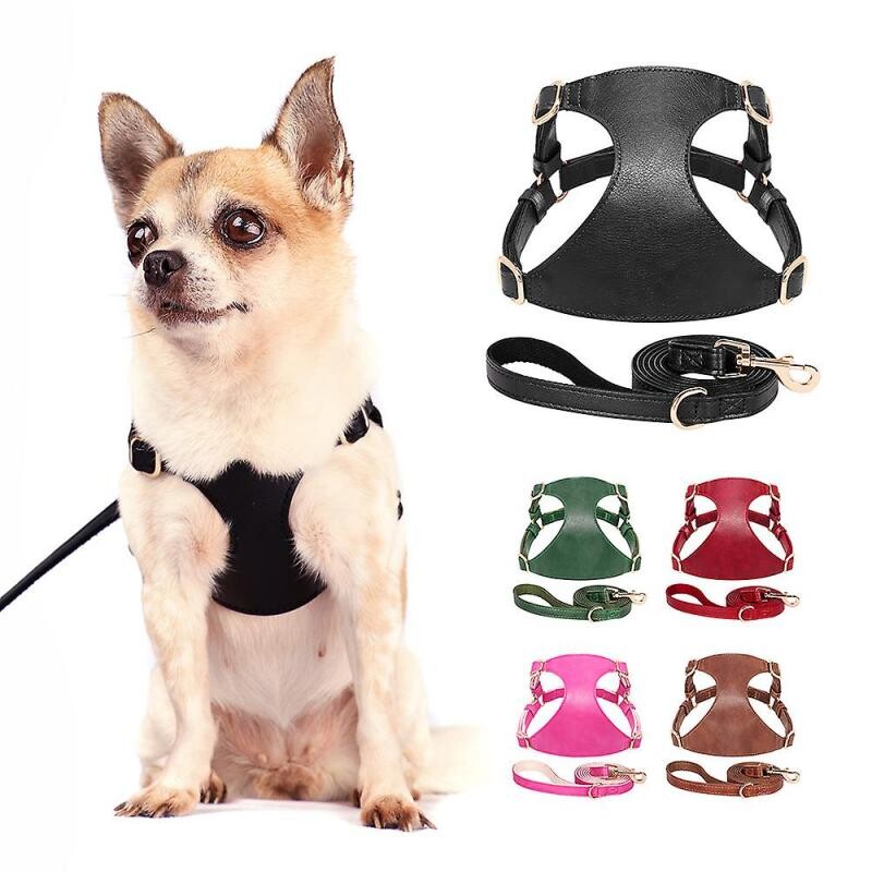 (S:Chest 48-61cm, Black) No Pull Leather Dog Harness and Leash set Soft ...