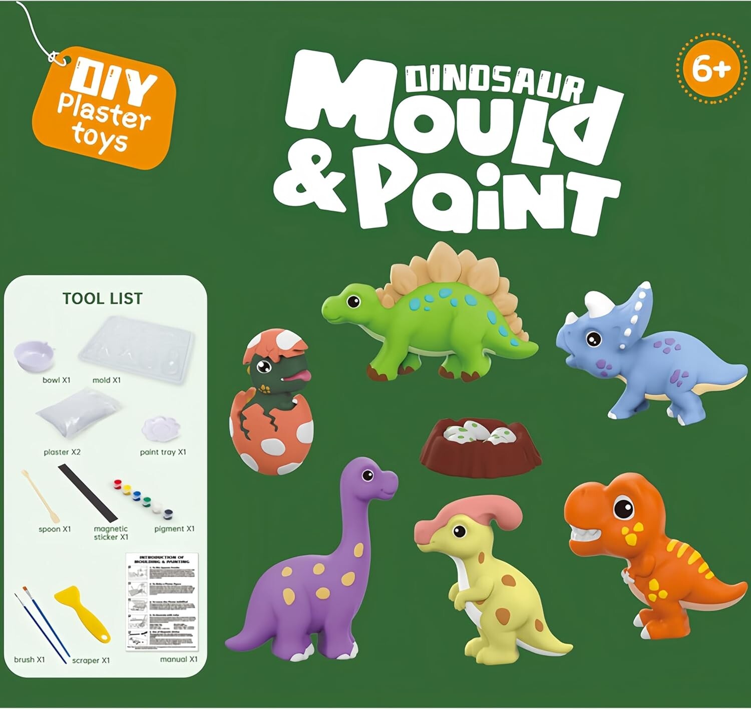Dinosaur Plaster Casting and Painting Set for Kids, 7 Shapes, Includes ...