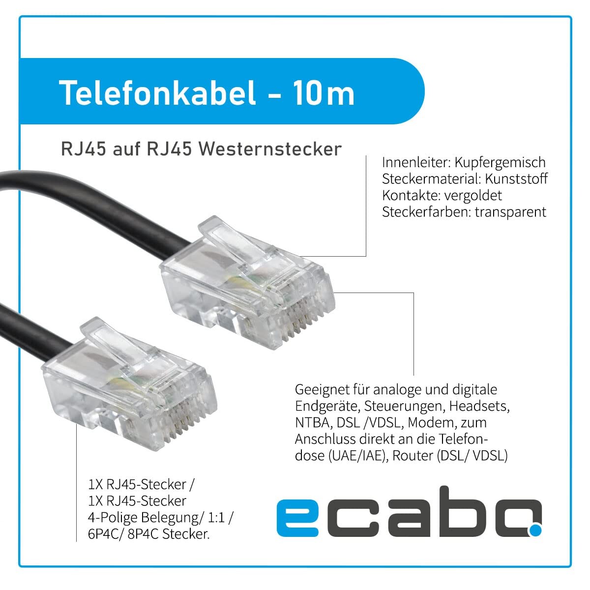 10102 10m Modular Telephone Cable 2x RJ45 Plugs 4-Core 8P4C Flat Cable ...