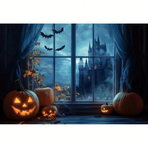 (Vinyl 60x40cm, NGD07347) Happy Halloween Window Backdrop Pumpkin Party ...