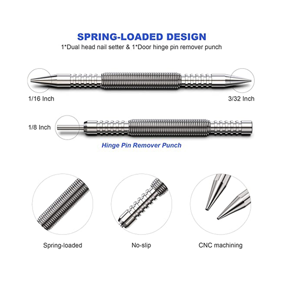 Spring Double End Nail Punch Set Center Hole Loaded Marker Metal Woodw ...