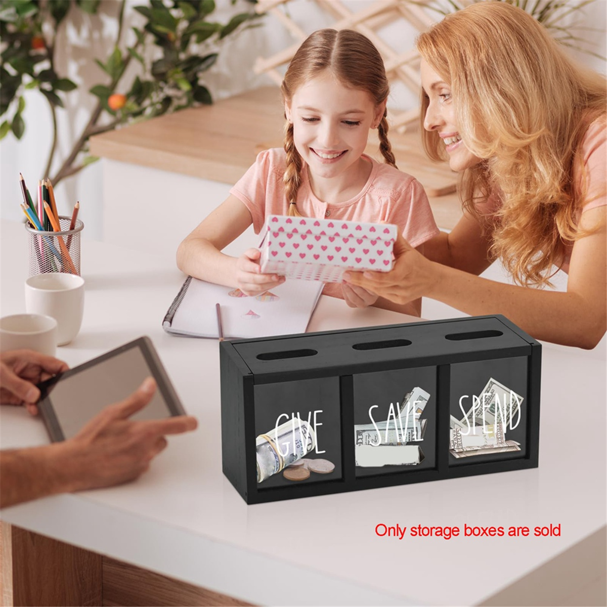 Wooden Give Save Spend Money Saving Box for Kids, Countertop Kid Piggy ...