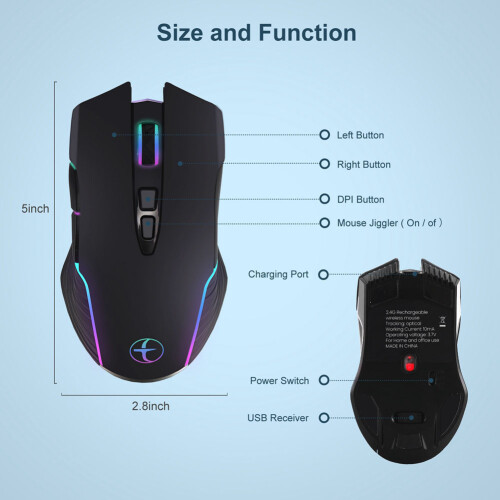 Mouse sem fio 2.4G ergonômico, movimentador de mouse, LED recarregável ...