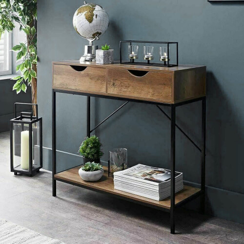 AJ New Tromso 2 Drawer Console Table Black Metal Frame & Wooden Drawers ...
