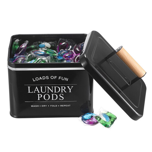 TOLIDA Metal Laundry Pods Container with Lid - Black Square Storage Box ...