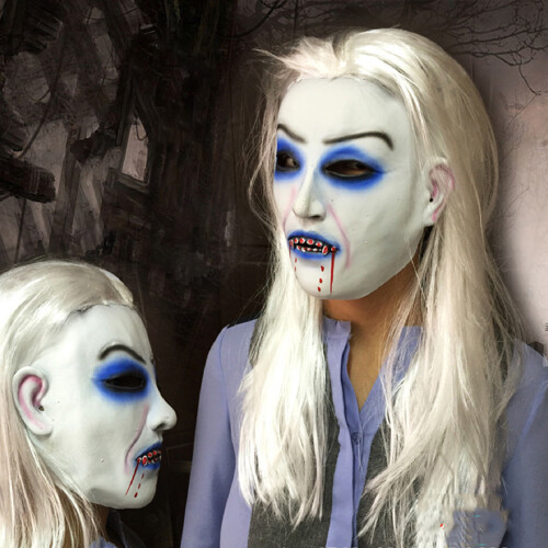 (White) Creepy Halloween Mask With Hair,Horror Devil Mask Scary Mask ...