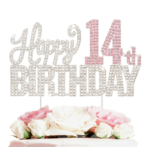 Nelbiirth Happy 14th Birthday Silver & Pink Rhinestone Cake Topper ...