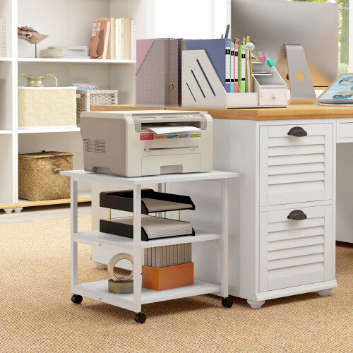 White Steel Printer Stand 3-Tier Mobile Cart with Wheels Durable Metal ...