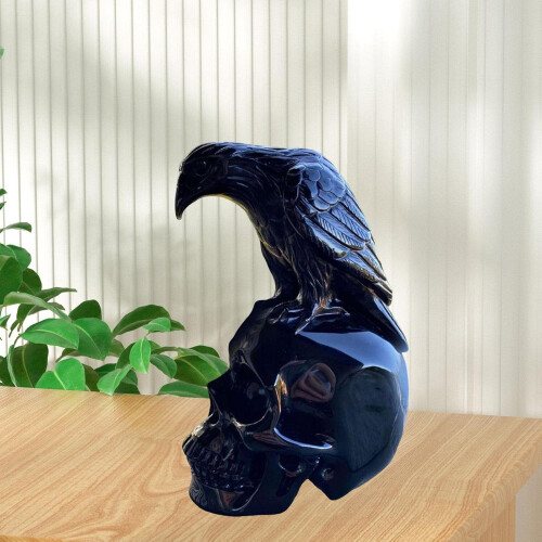 Raven Statue Skull Head Sculpture Black Crow on Macabre Skull Halloween ...