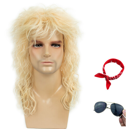 (golden) 80s Rocker Mullet Wig Rock Heavy Metal Stars Gold Halloween ...