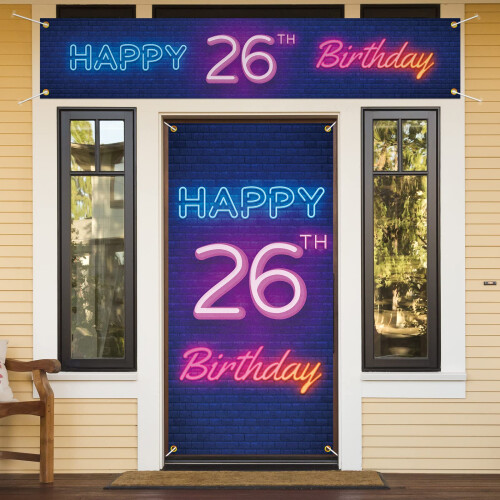 5665 Neon Happy 26th Birthday Door Cover Porch Banner and Large Yard ...