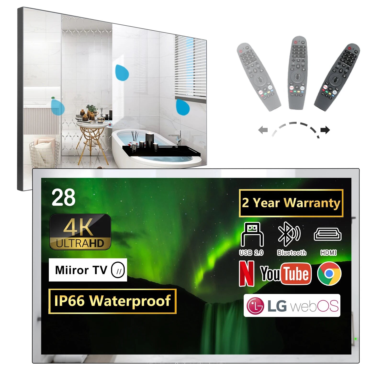 Soulaca 28 4K Mirror Bathroom TV with WebOS, WiFi, Bluetooth, Alexa ...