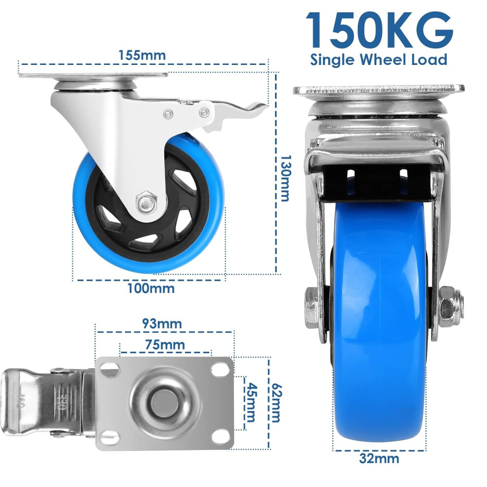 4er-Set Lenkrollen, 100 mm Möbelrollen, bis 600 kg Tragkraft ...
