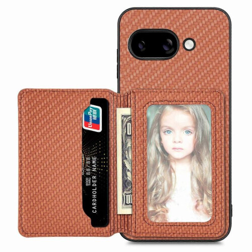 (For Google Pixel 9a, Brown) Carbon Fiber Magnetic Card Bag Phone Case ...