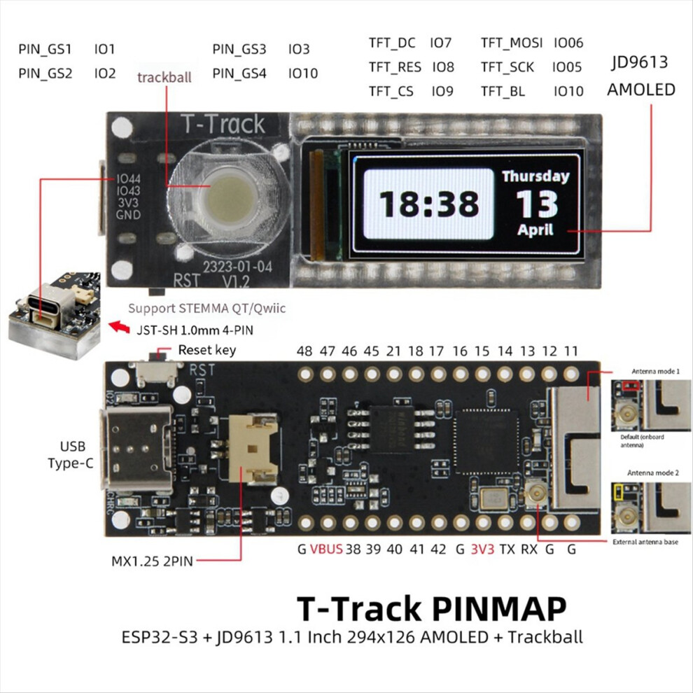 T-Track ESP32-S3 AMOLED Trackball Development Board ESP32-S3R8 WiFi ...