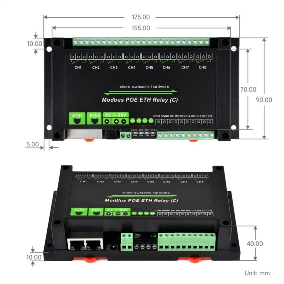Module relais 8 canaux, double port Ethernet, protocole Modbus RTU ...