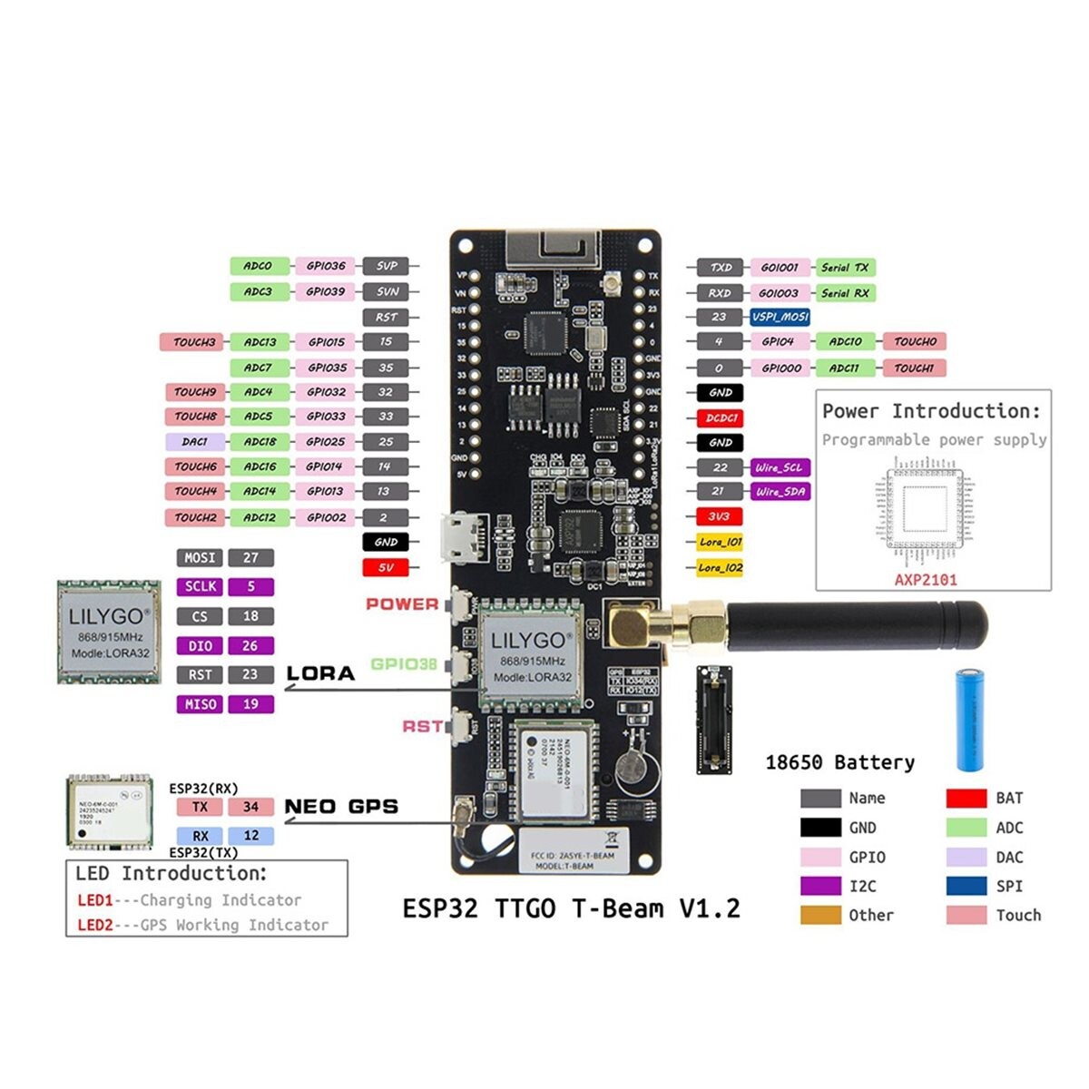 Módulo Meshtastic T-Beam V1.2 LoRa ESP32 GPS NEO-6M WiFi Bluetooth ...