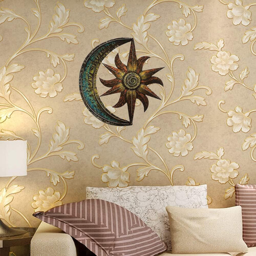 Decoración de pared metálica retro con sol y luna, colores pintados a ...