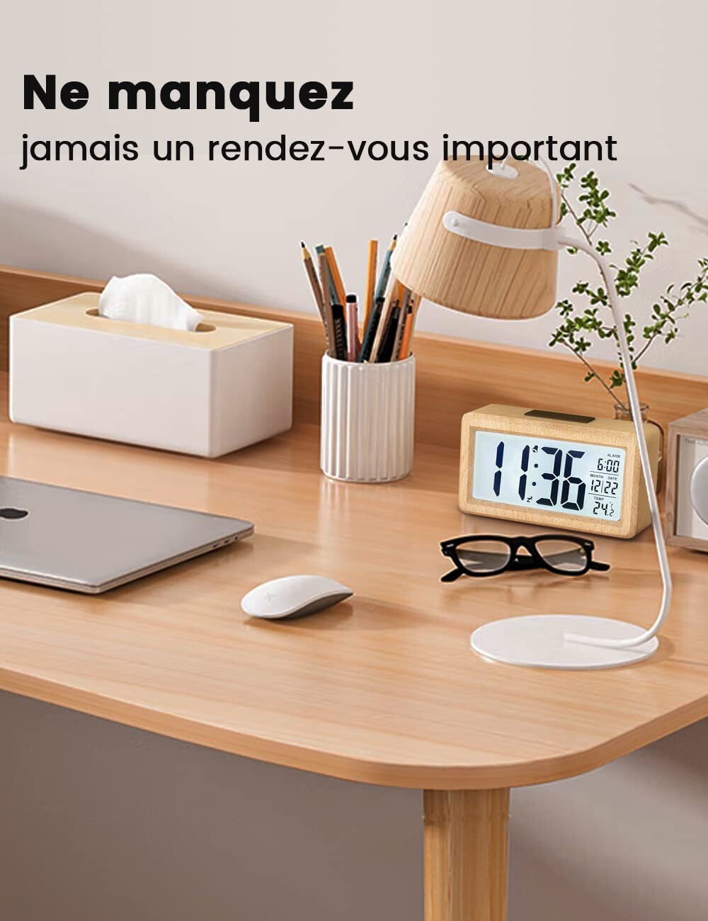 Petite horloge, réveil de voyage avec affichage multifonction, alimenté ...