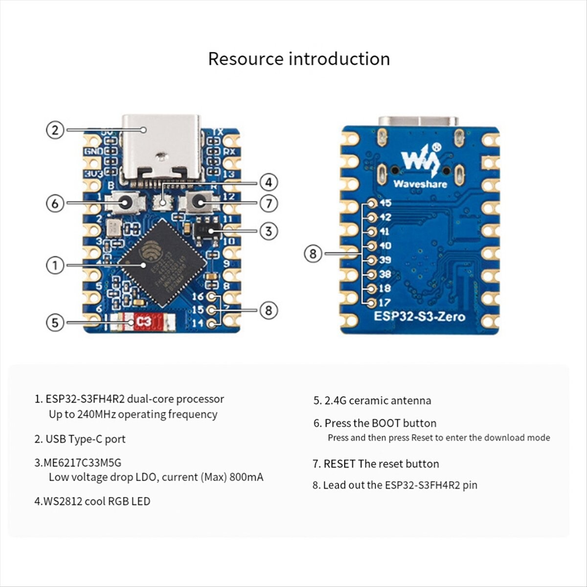 Waveshare ESP32-S3 Mini Modulo Processore Dual Core 240MHz Frequenza di ...