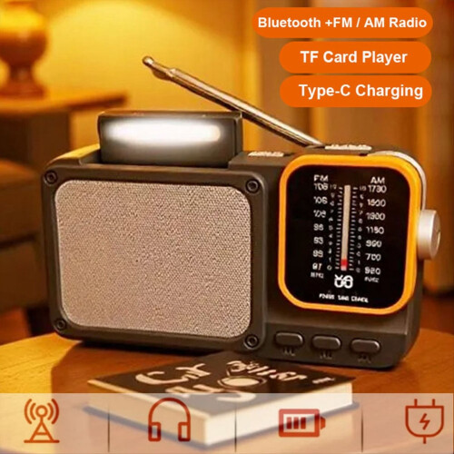 Portable FM AM Radio with Flashlight Rechargeable Blueooth Speaker TF ...